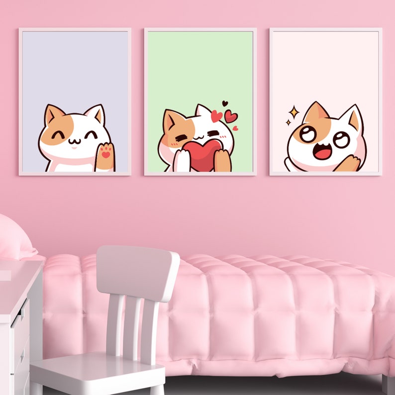 Set of 3 Cute Cat Kawaii Art Prints | Ready to Print at Home ...