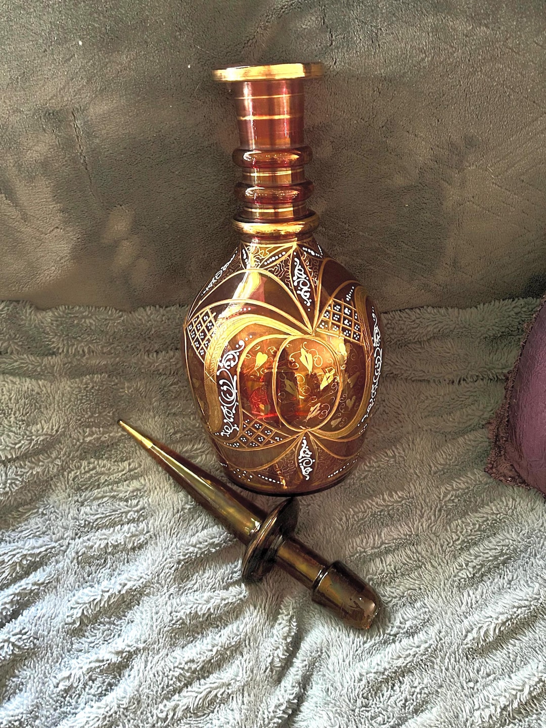 Vintage Extra Large Bohemian Cranberry Glass Decanter: Gold Heart and ...