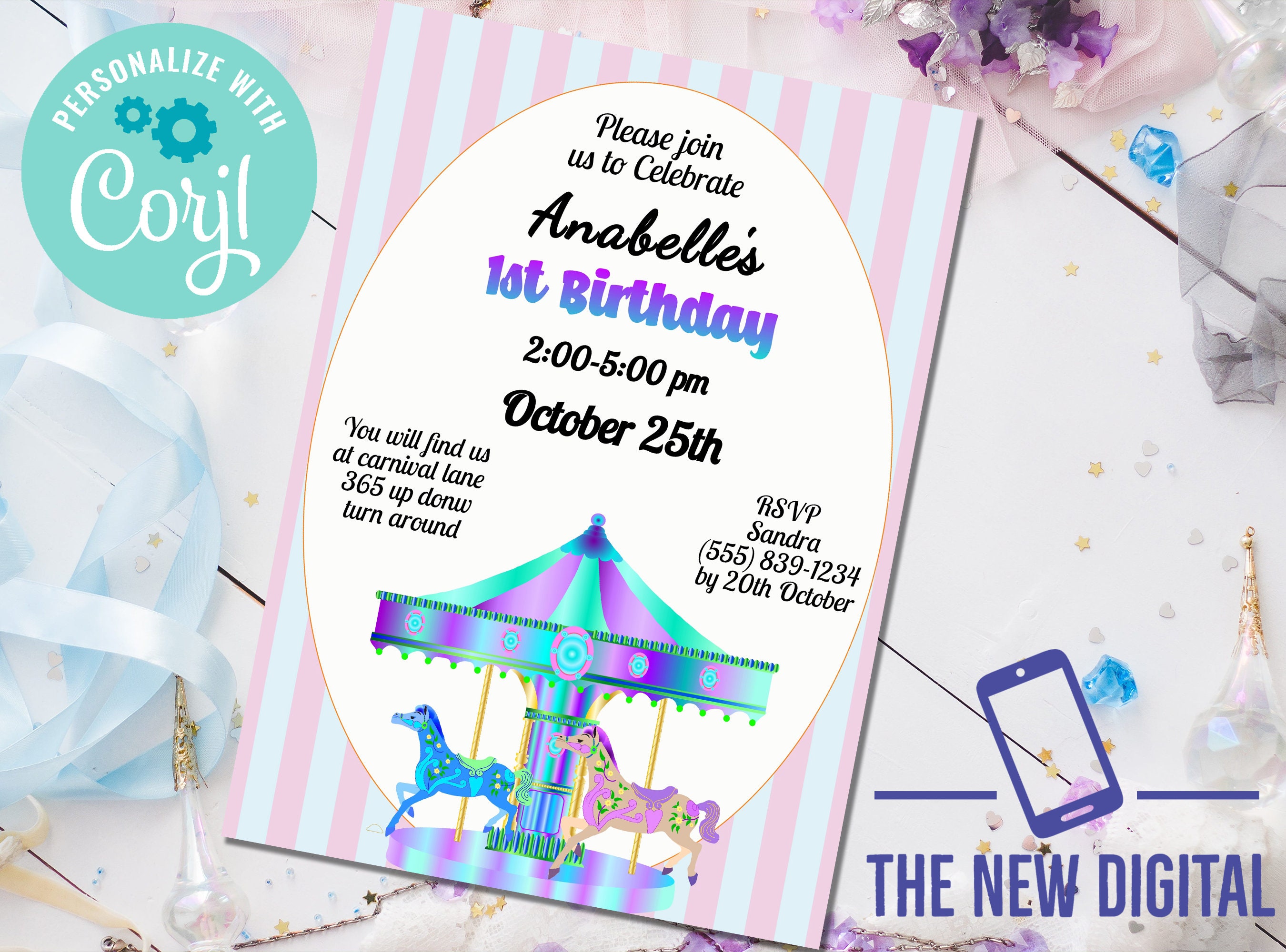 Editable Purple Carousel Invitation, Carousel Birthday Invitation ...