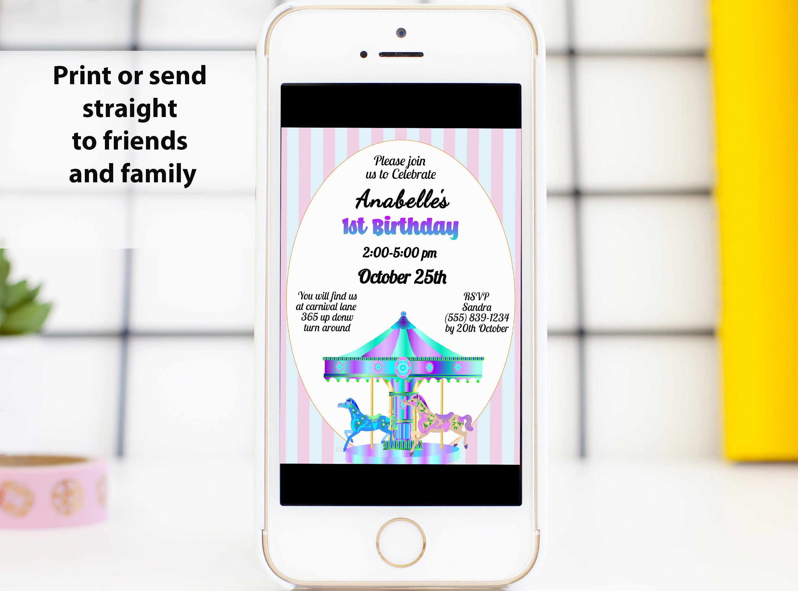 Editable Purple Carousel Invitation, Carousel Birthday Invitation ...