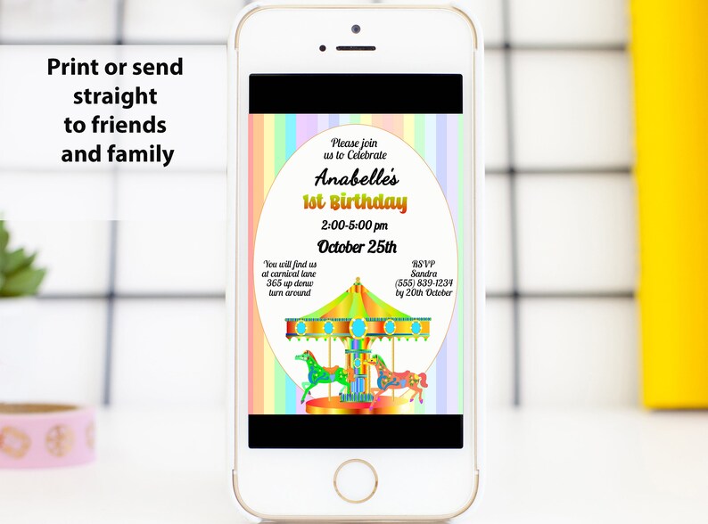 Editable Rainbow Carousel Invitation, Carousel Birthday Invitation ...