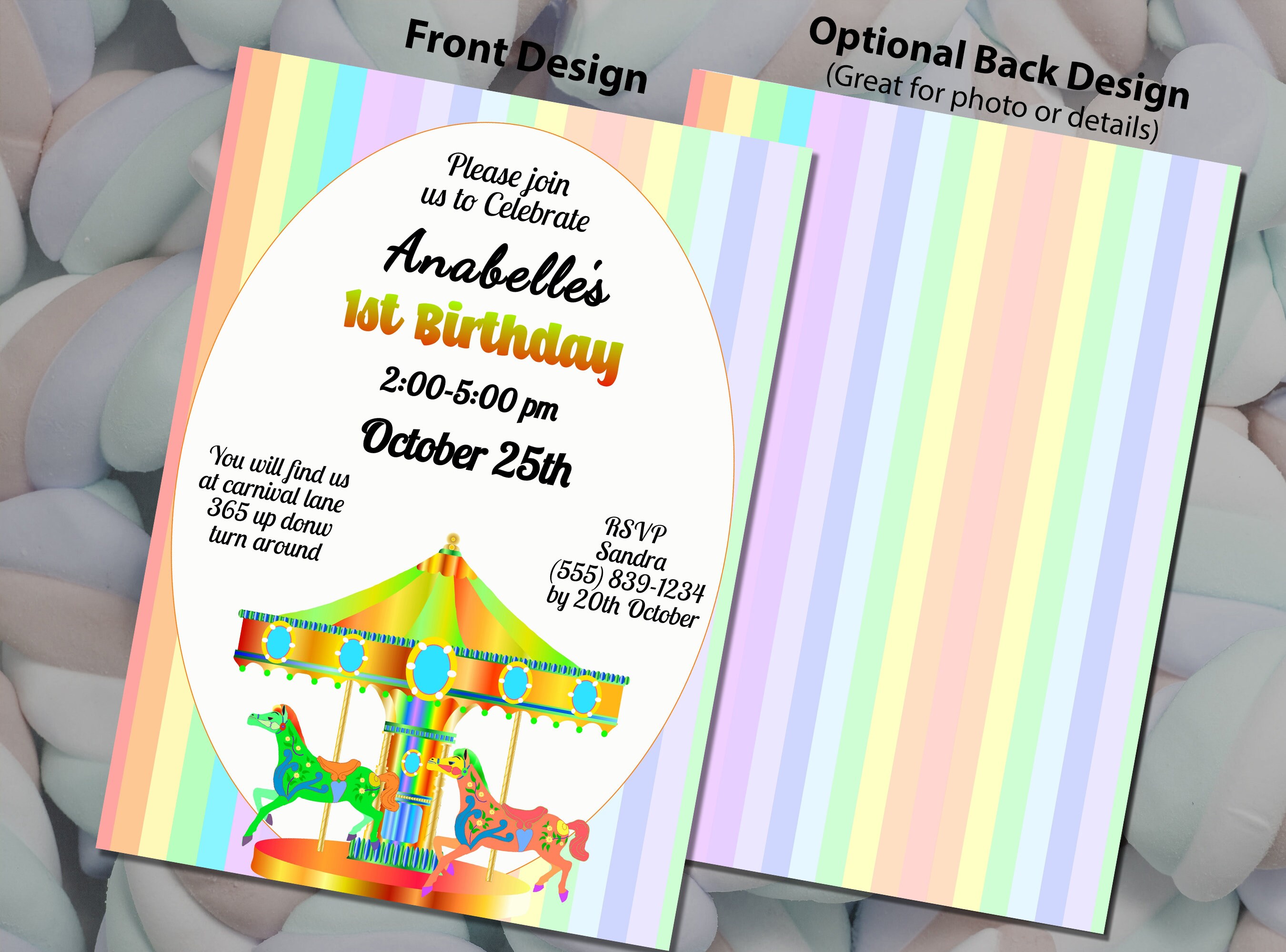 Editable Rainbow Carousel Invitation, Carousel Birthday Invitation ...