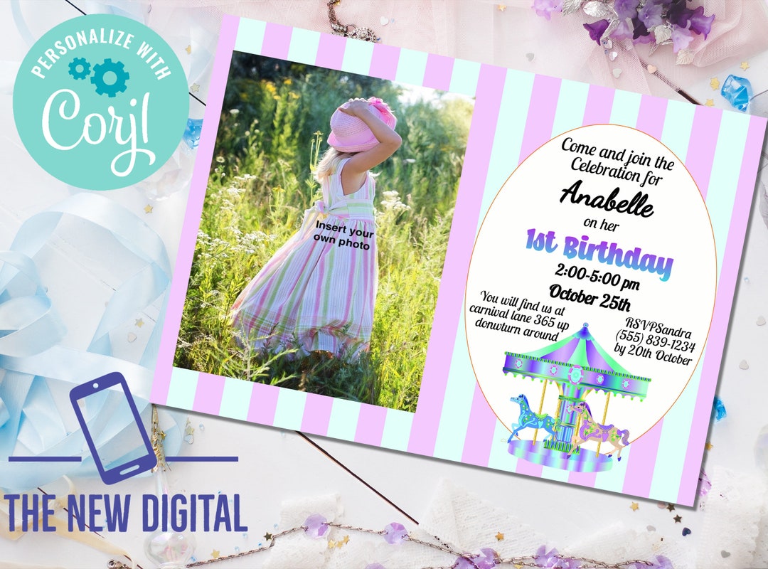 Editable Purple Carousel Photo Invite, Carousel Birthday Invitation ...