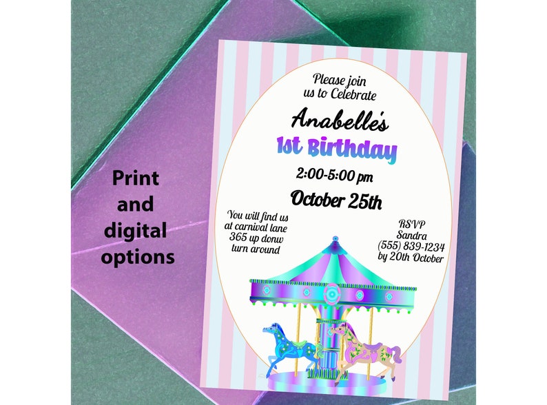 Editable Purple Carousel Invitation, Carousel Birthday Invitation ...