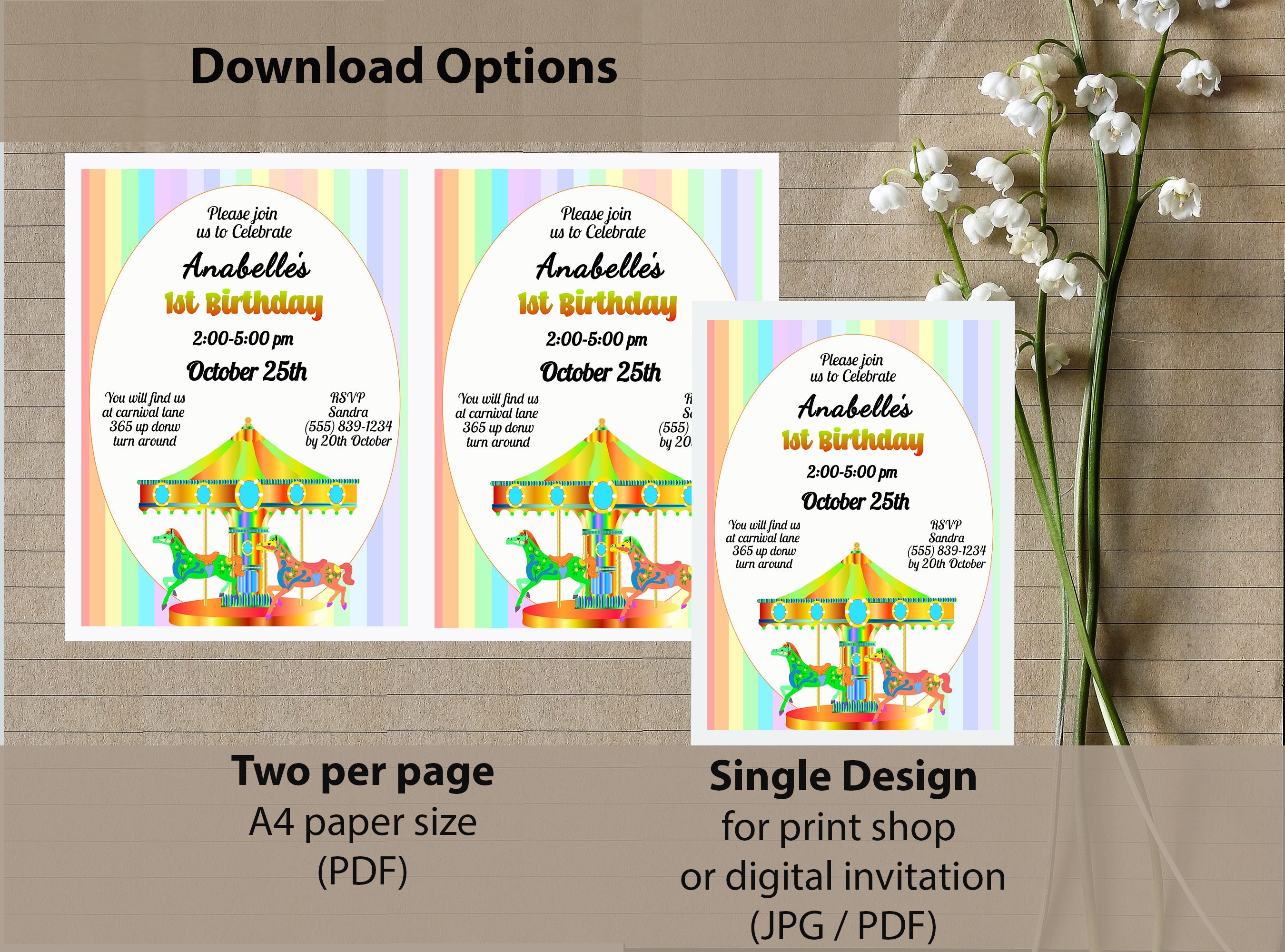 Editable Rainbow Carousel Invitation, Carousel Birthday Invitation ...