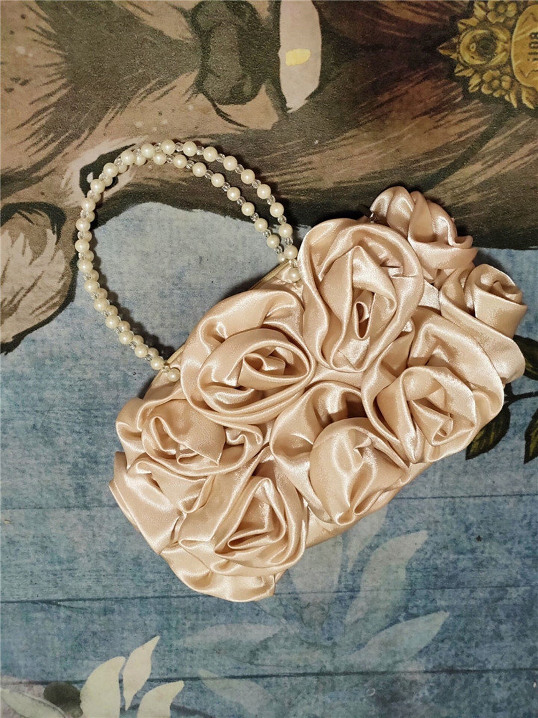 Flower Rose Beaded Handle Satin Avant Garde Purse Prom Wedding - Etsy