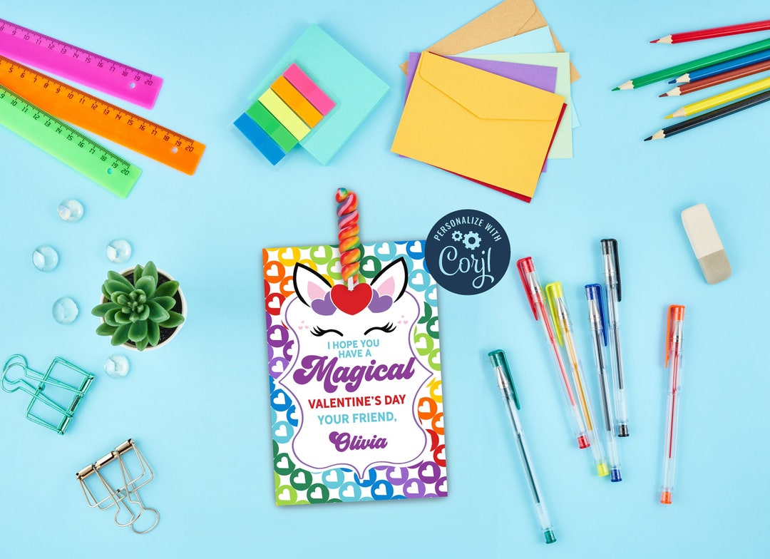 MAGICAL RAINBOW UNICORN Valentine's Day Treat Tag Cards Customize W ...