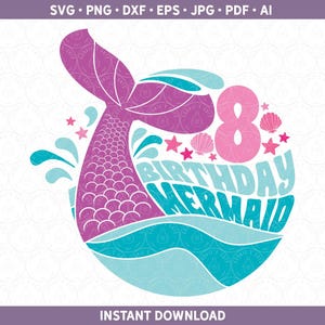 Birthday Mermaid SVG PNG | Girl Shirt | Eight 8 8th Eighth Birthday ...