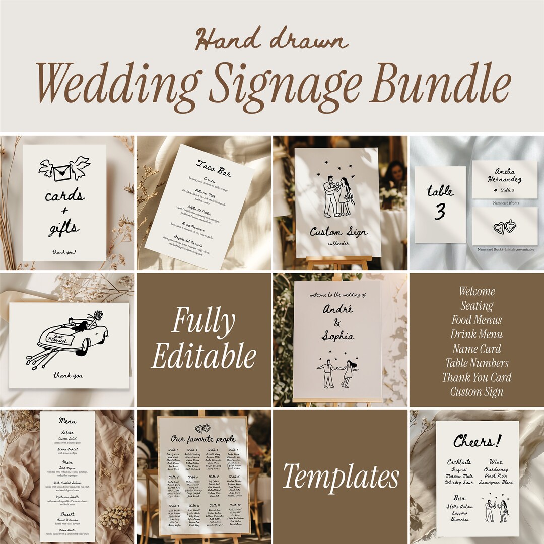 Hand Drawn Wedding Sign Bundle, Minimal Elegant Classy, Handwritten ...