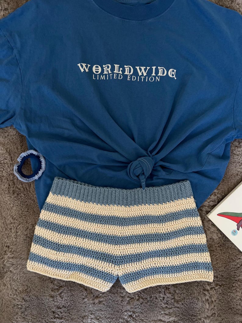Handmade Crochet Mini Shorts: Cream & Blue Striped Cotton Beach Outfit ...