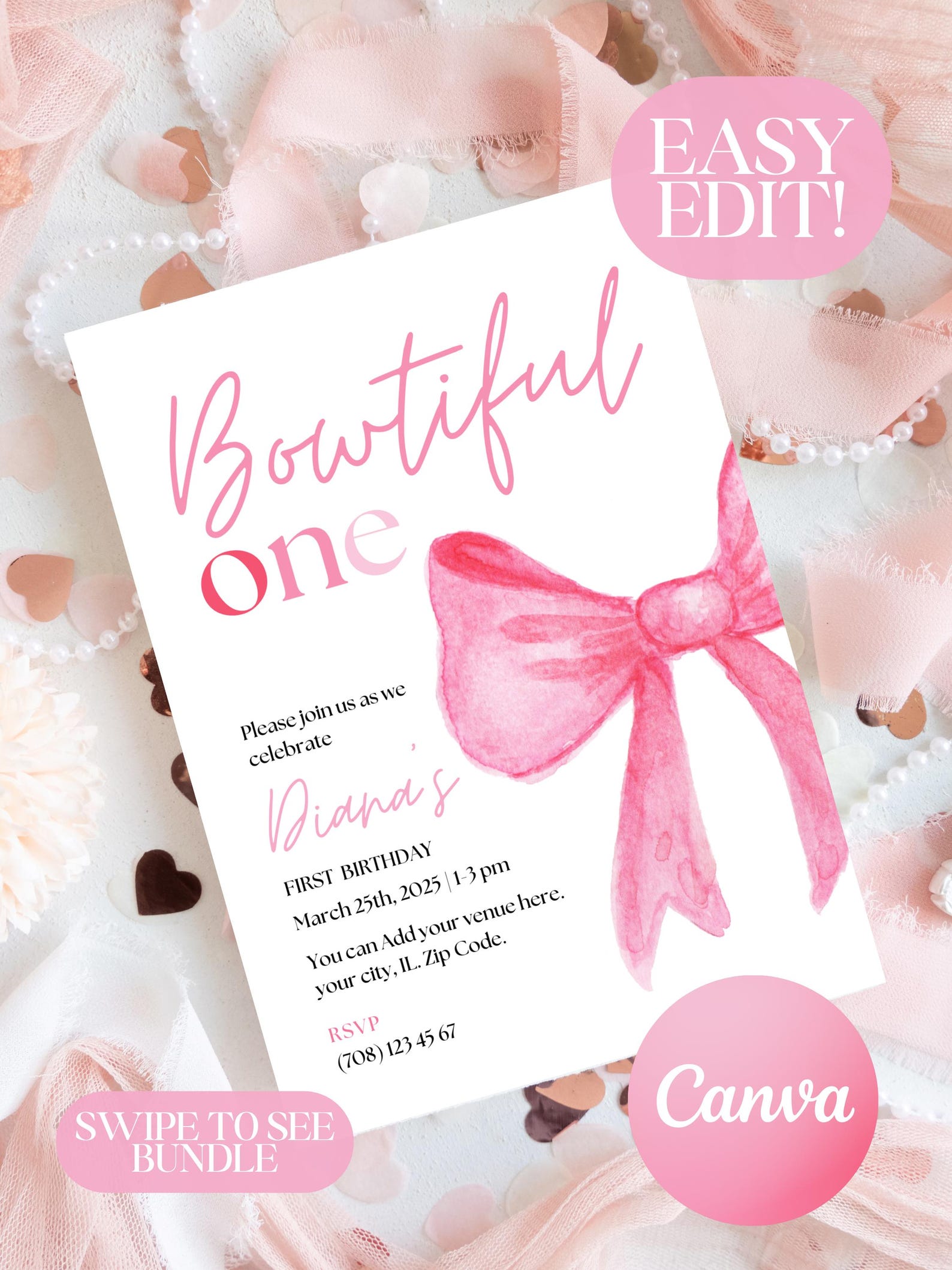 Bowtiful One First Birthday Invitation Template Bow Theme Pink Coquette ...