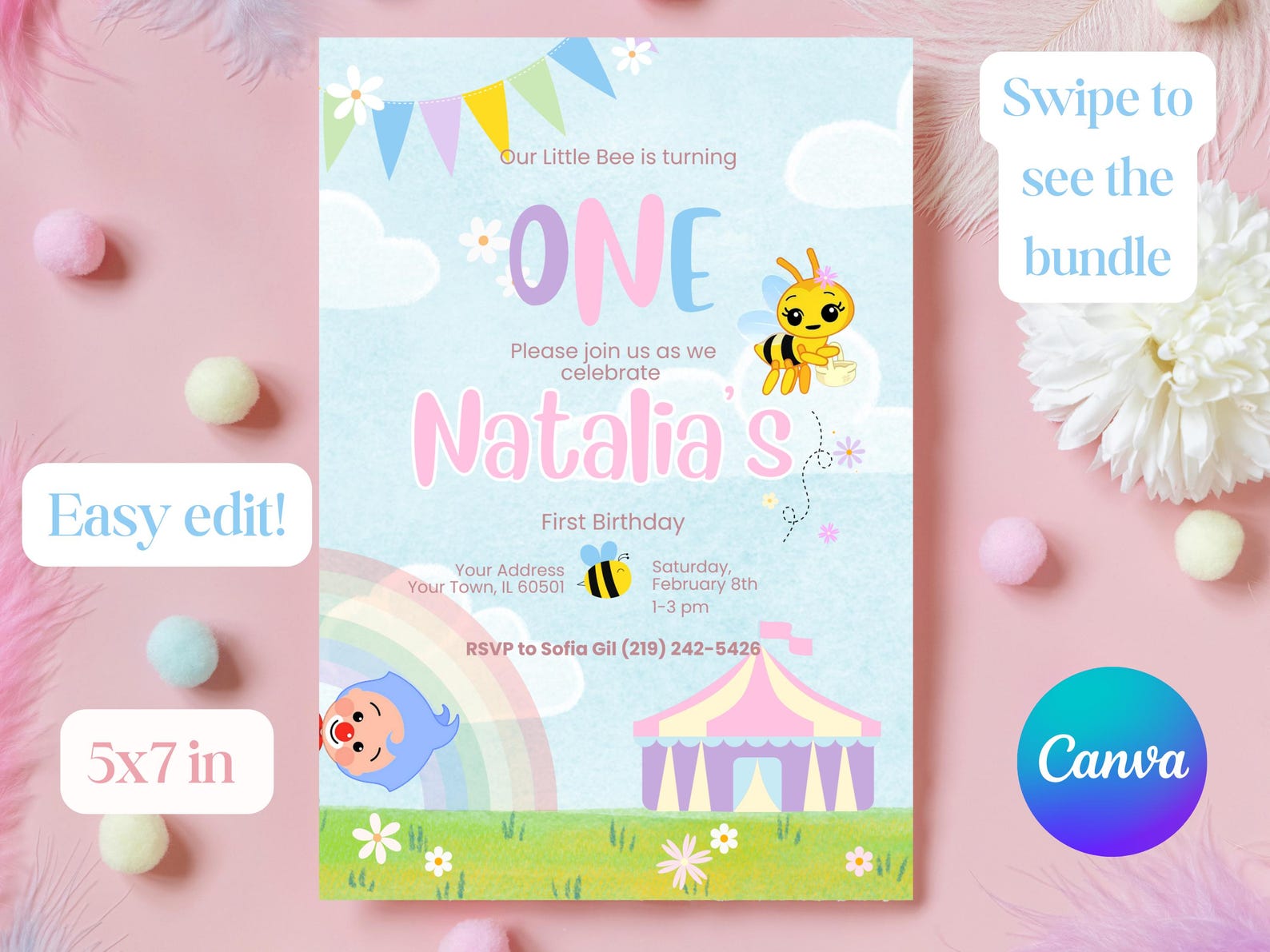 Little Bee Plim Plim Birthday Party Invitation for Kids, First Birthday ...