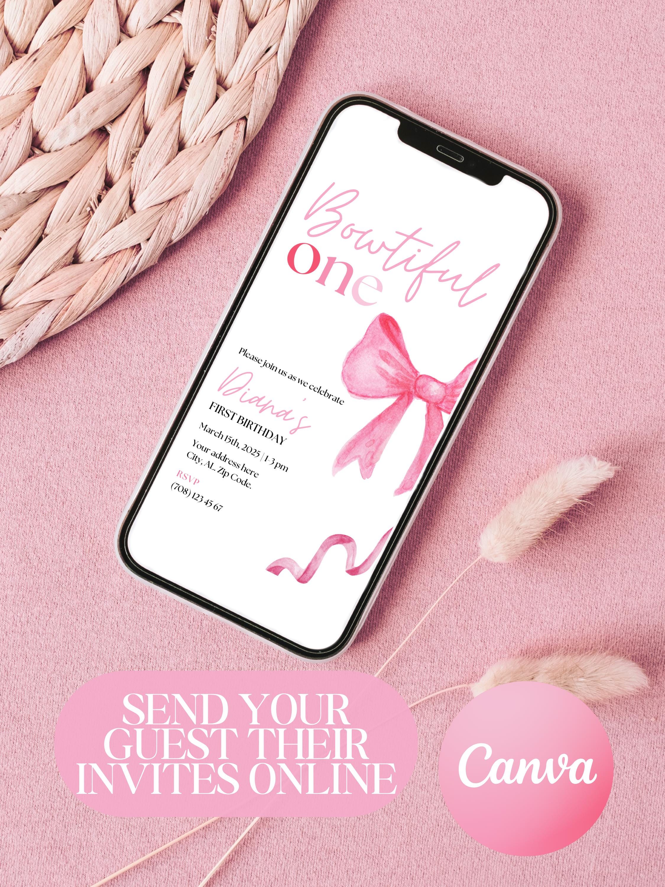 Bowtiful One First Birthday Invitation Template Bow Theme Pink Coquette ...