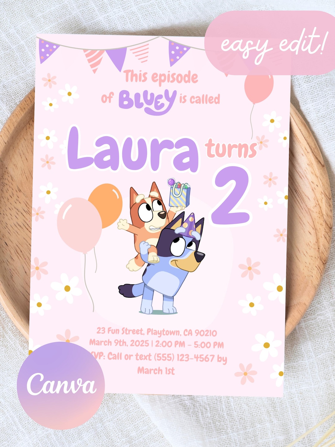 Bluey Daisy Birthday Party Invitation – Editable Canva Template - Etsy UK