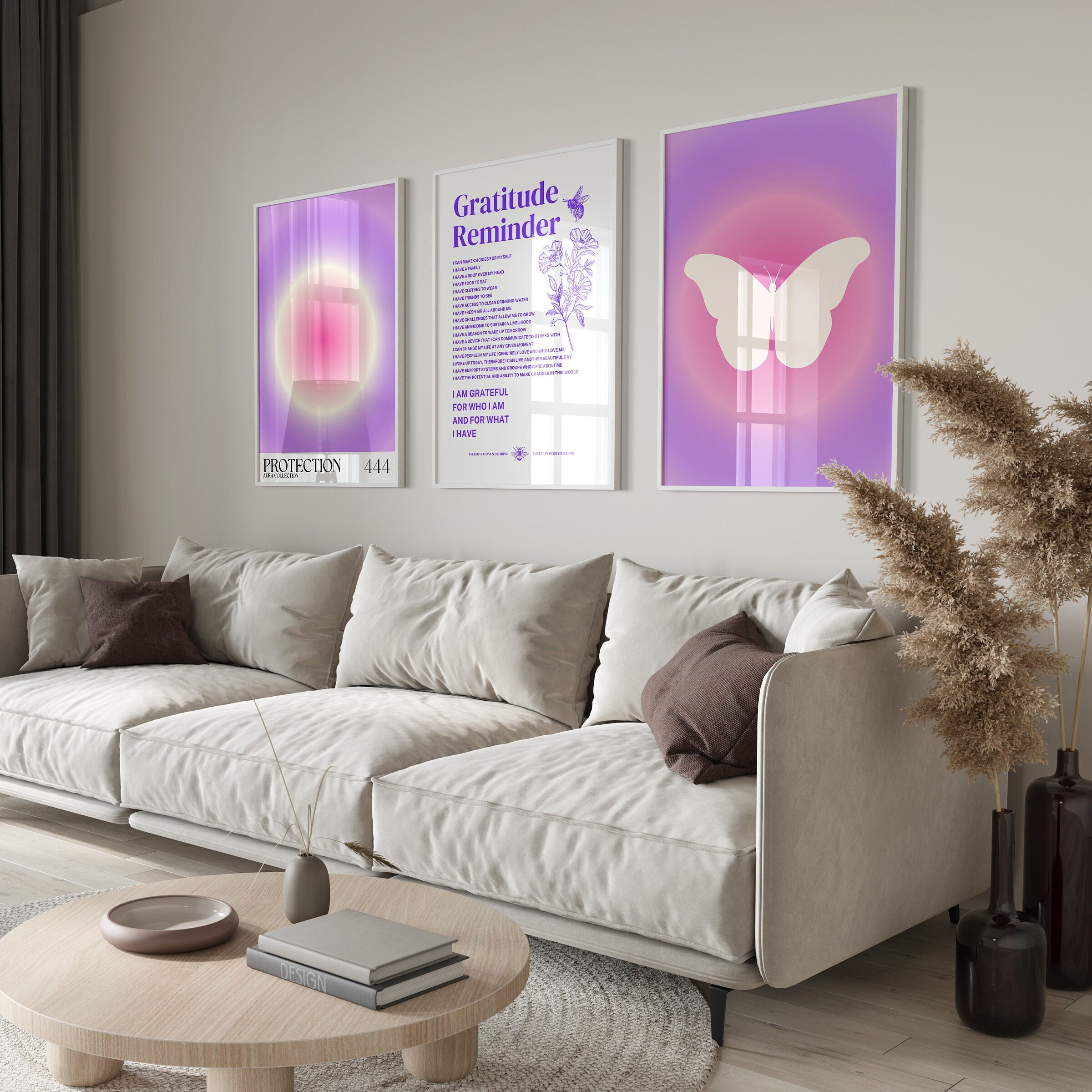 Purple Aura Poster Set, Set of 3 Affirmation Poster, Butterfly Wall Art ...