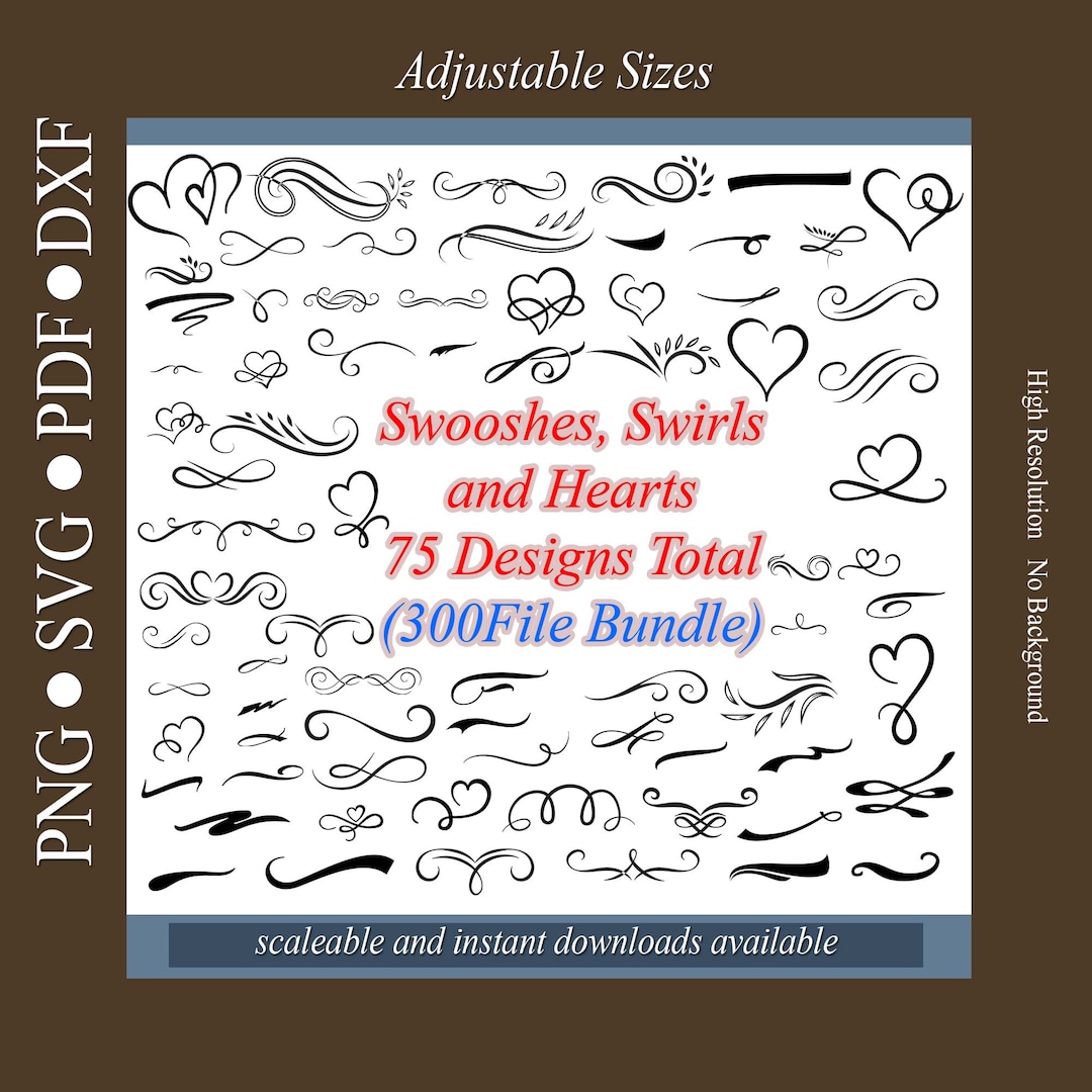 Swoosh, Swirl and Hearts SVG 75 Design Bundle SVG Png, Pdf, Dxf, Svg ...