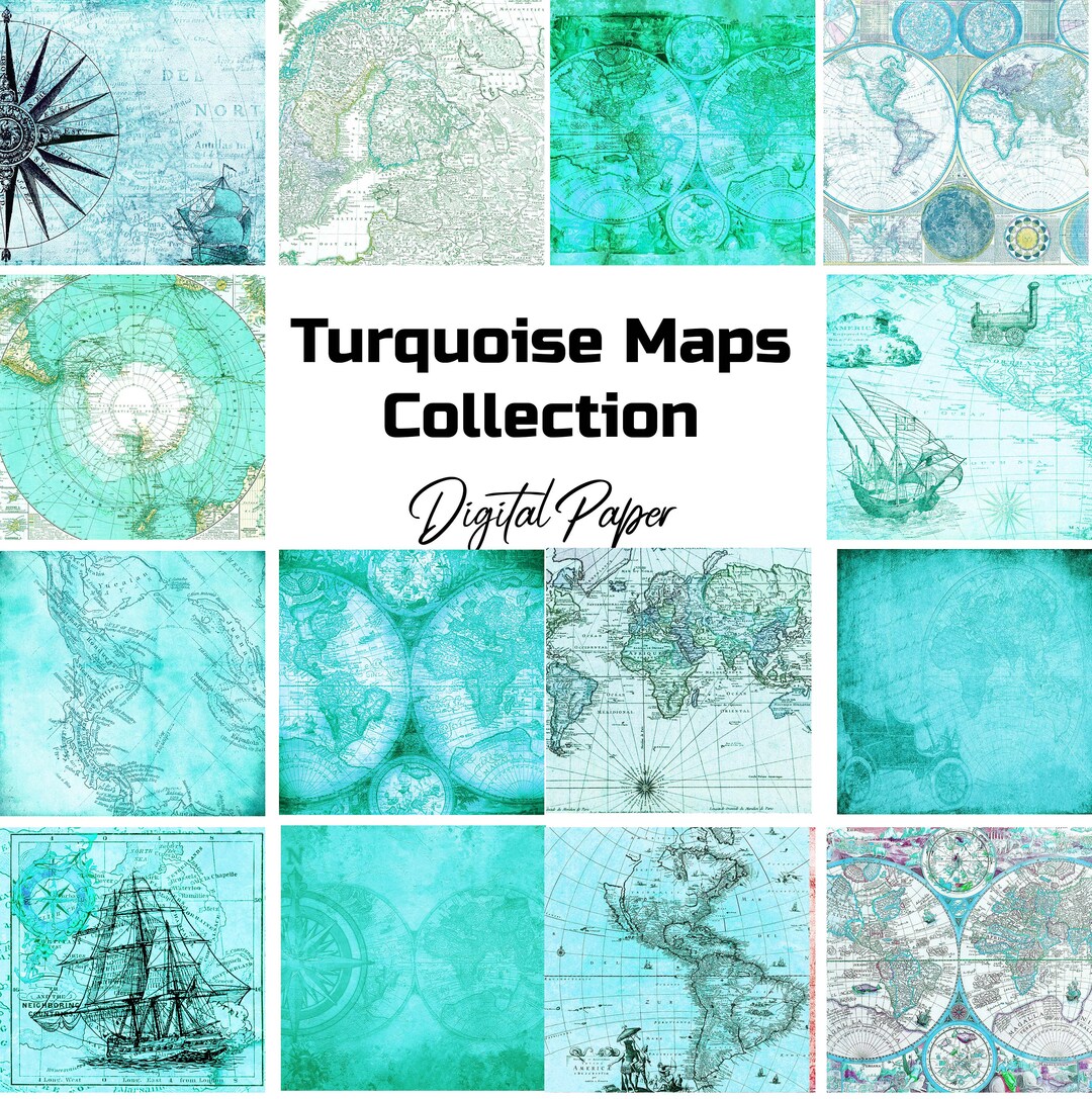 Turquoise Old Map Style Digital Paper Atlas Backgrounds 14 Designs JPG ...