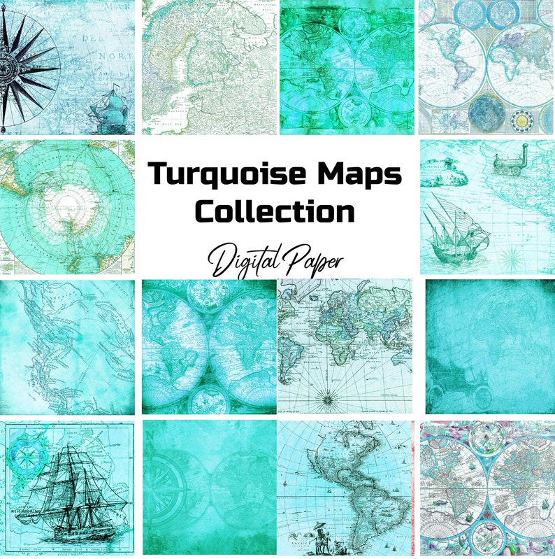 Turquoise Old Map Style Digital Paper Atlas Backgrounds 14 Designs JPG ...