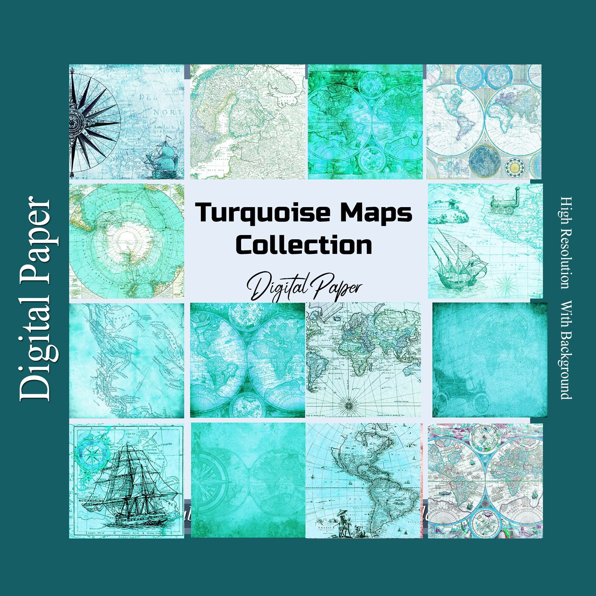 Turquoise Old Map Style Digital Paper Atlas Backgrounds 14 Designs JPG ...