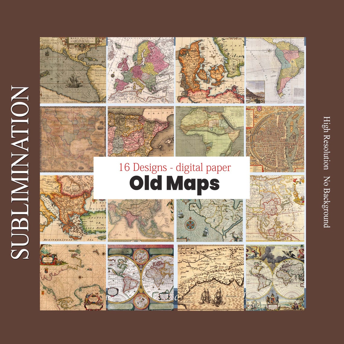 Old Map Style Digital Paper Atlas Backgrounds 16 Designs PNG Use ...
