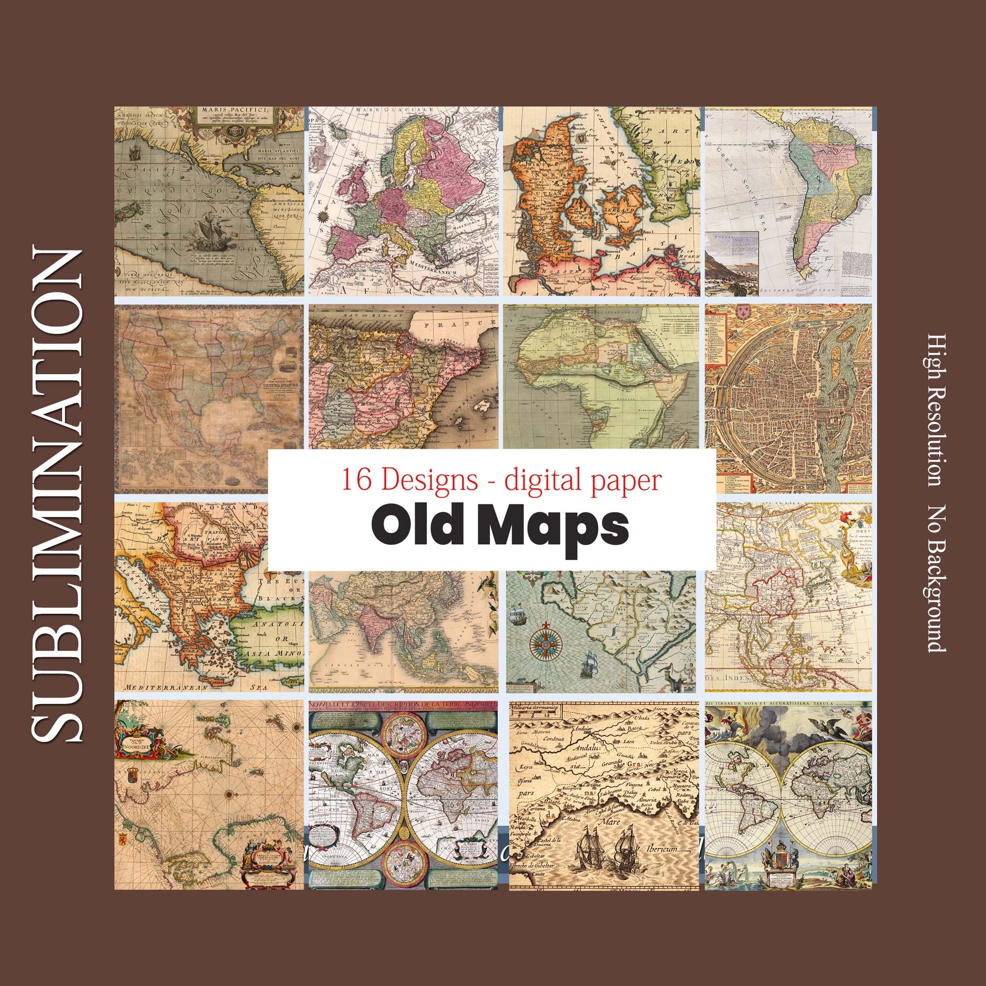 Old Map Style Digital Paper Atlas Backgrounds 16 Designs PNG Use ...