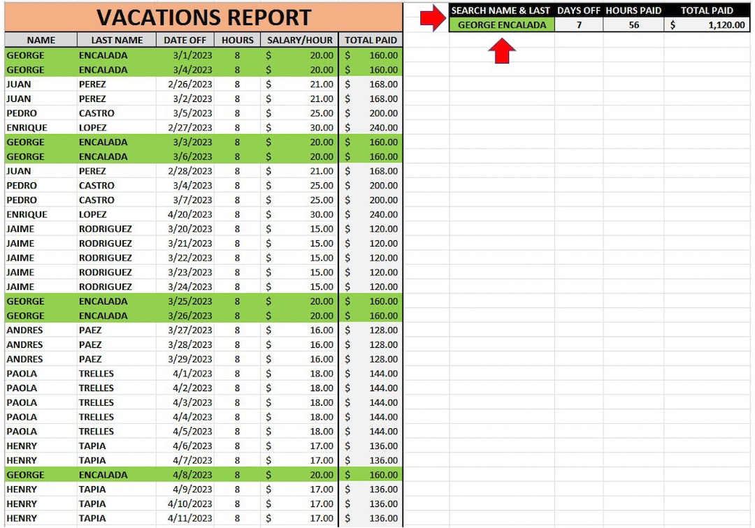 VACATIONS TEMPLATE Excel - Etsy