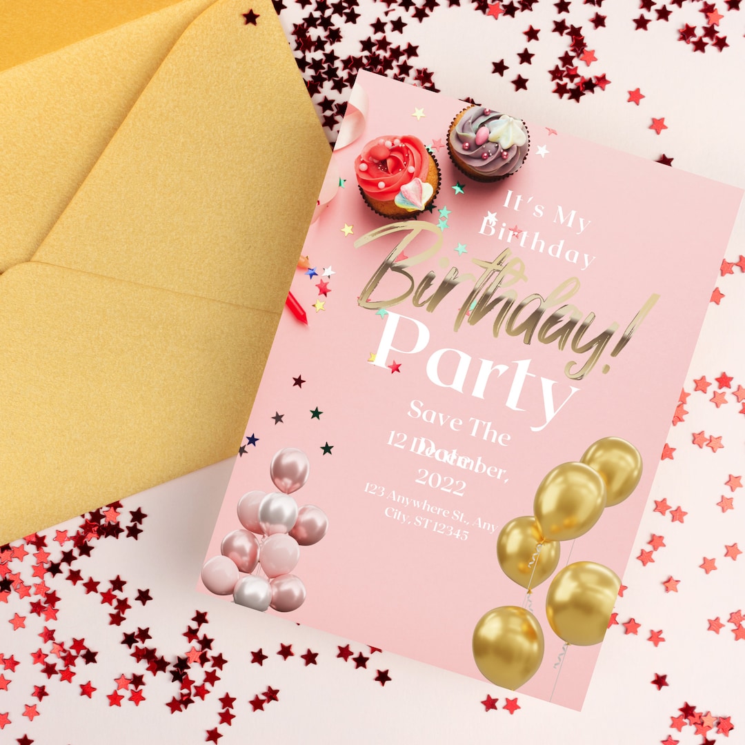 Pink Birthday Party Invitation, Digital Party E-invite Template ...