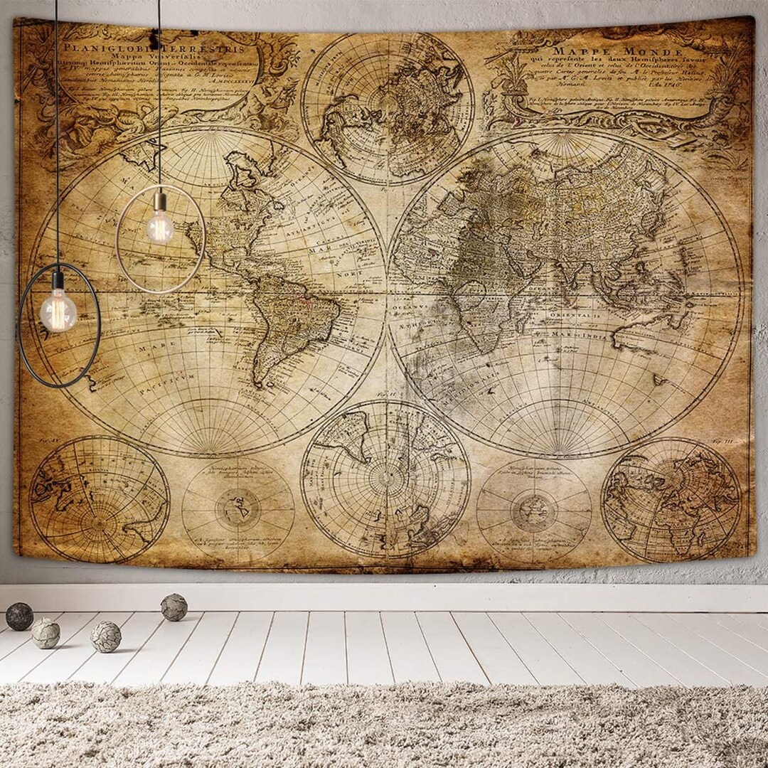 Vintage World Map Wall Tapestry, Old Nautical Tapestries, Nostalgic ...