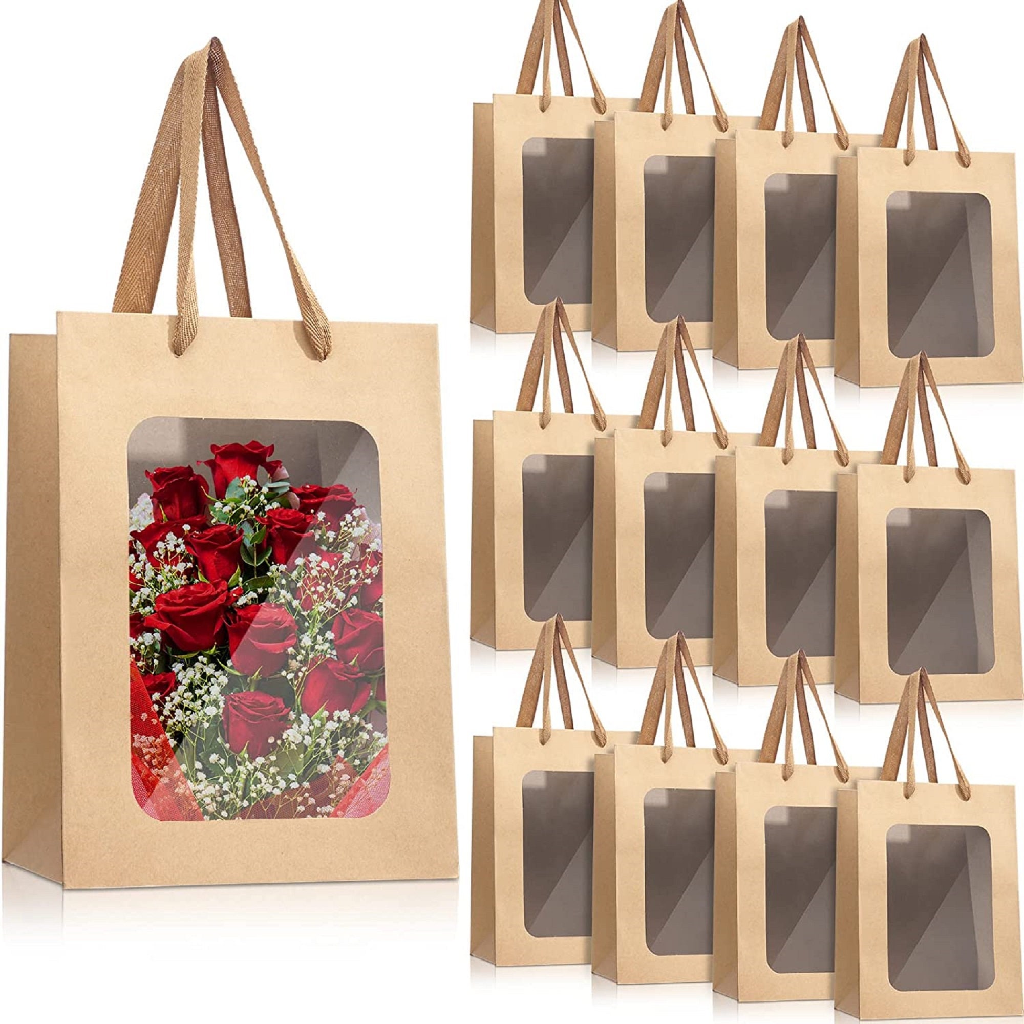 50 Pcs Paper Gift Bags With Window Kraft Shopping Bags With Handles 9 ...