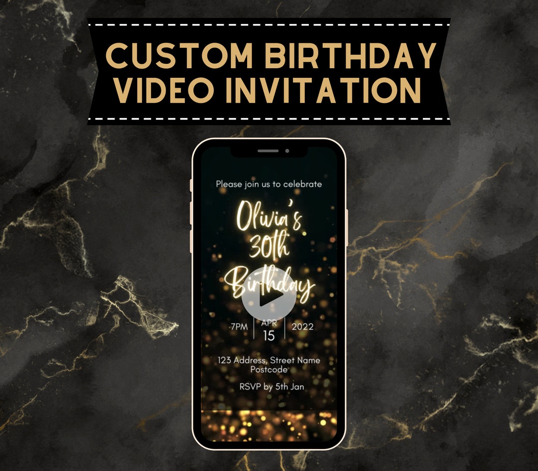 Black and Gold Birthday Invite, Mobile Video Invite, Custom Birthday ...