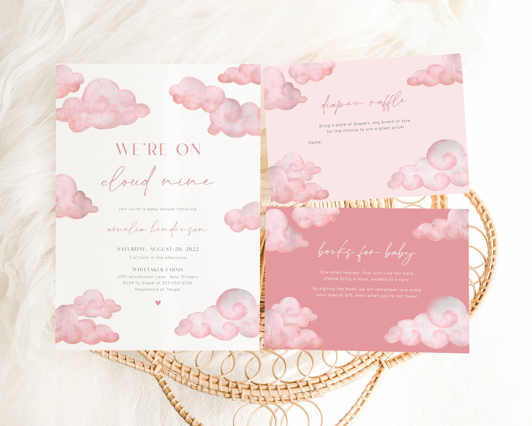 Pink Cloud 9 Baby Shower Invitation Template, Printable We're on Cloud ...