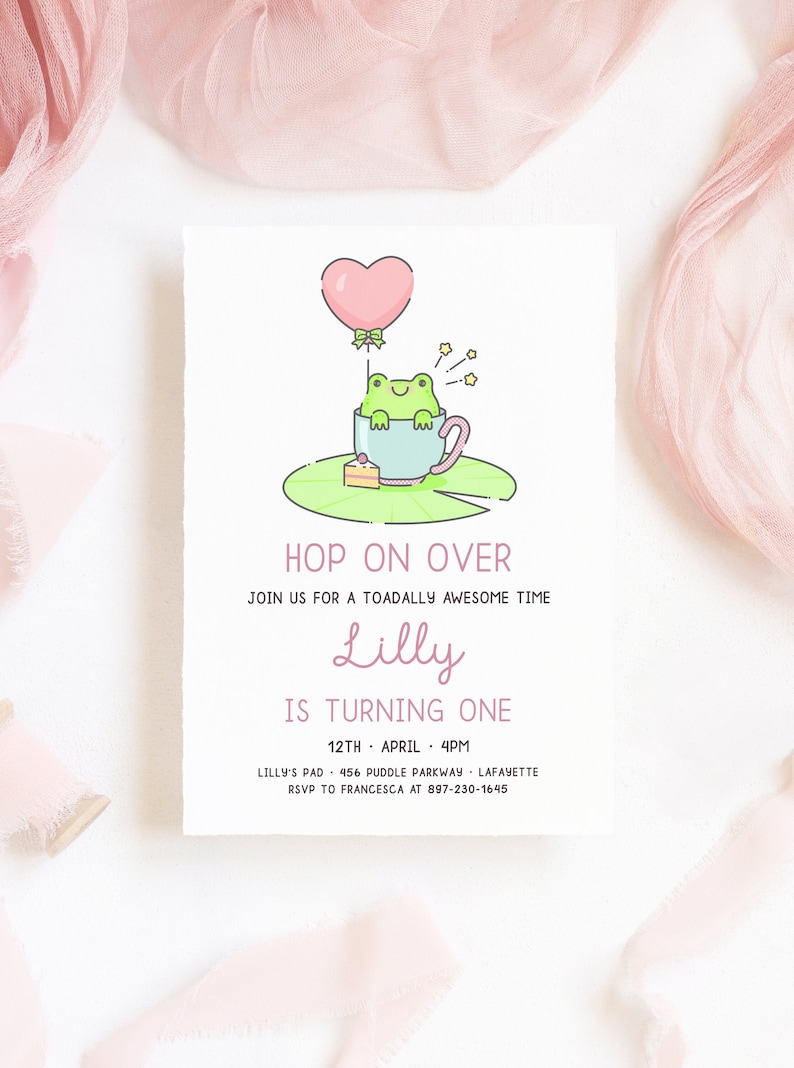 Frog Birthday Invitation, Cute Pink Kawaii Frog Birthday Invite, DIY ...