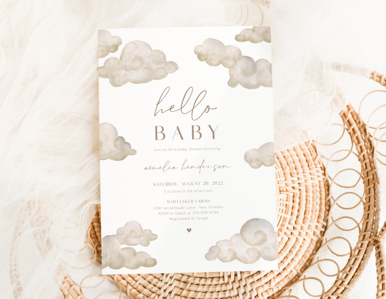 Cloud 9 Baby Shower Invitation Template Beige Hello Baby - Etsy