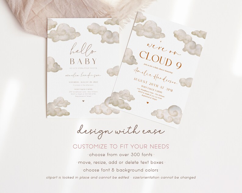 Cloud 9 Baby Shower Invitation Template Beige Hello Baby - Etsy