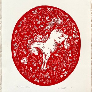 Bleeding Hearts in Red Handmade Linocut Print Medieval Unicorn Original ...
