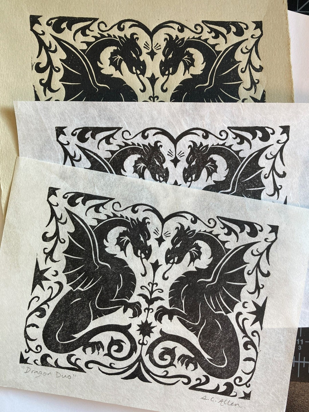 Dragon Duo Original Art Hand Carved Linocut Relief Print - Etsy