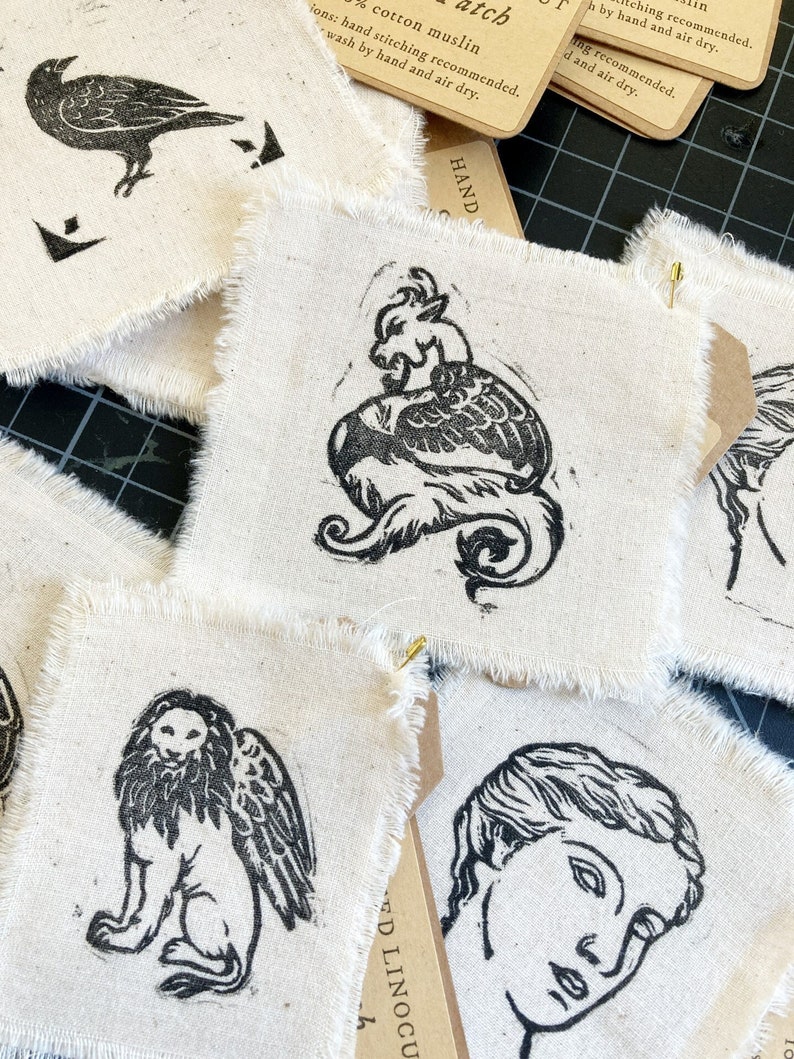Sew on Linocut Patches Crow, Dragon, Winged Lion, and Greek Goddess - Etsy
