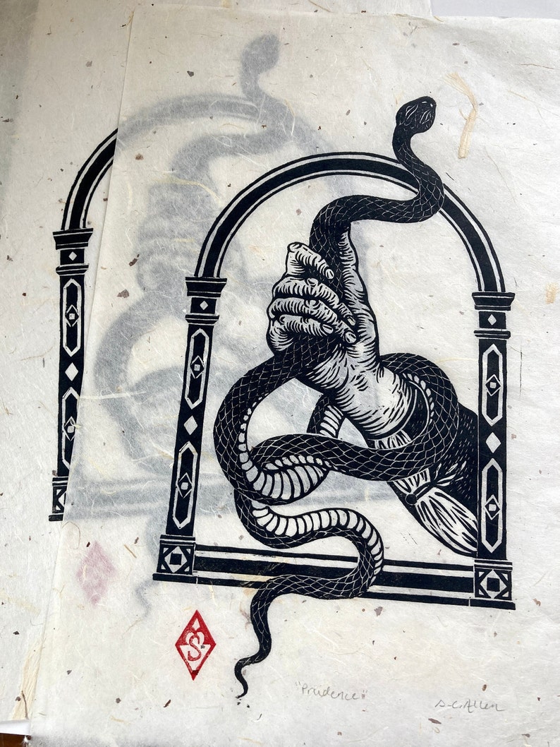 Hand Carved Linocut Print - “prudence” - Original Snake Art - Etsy