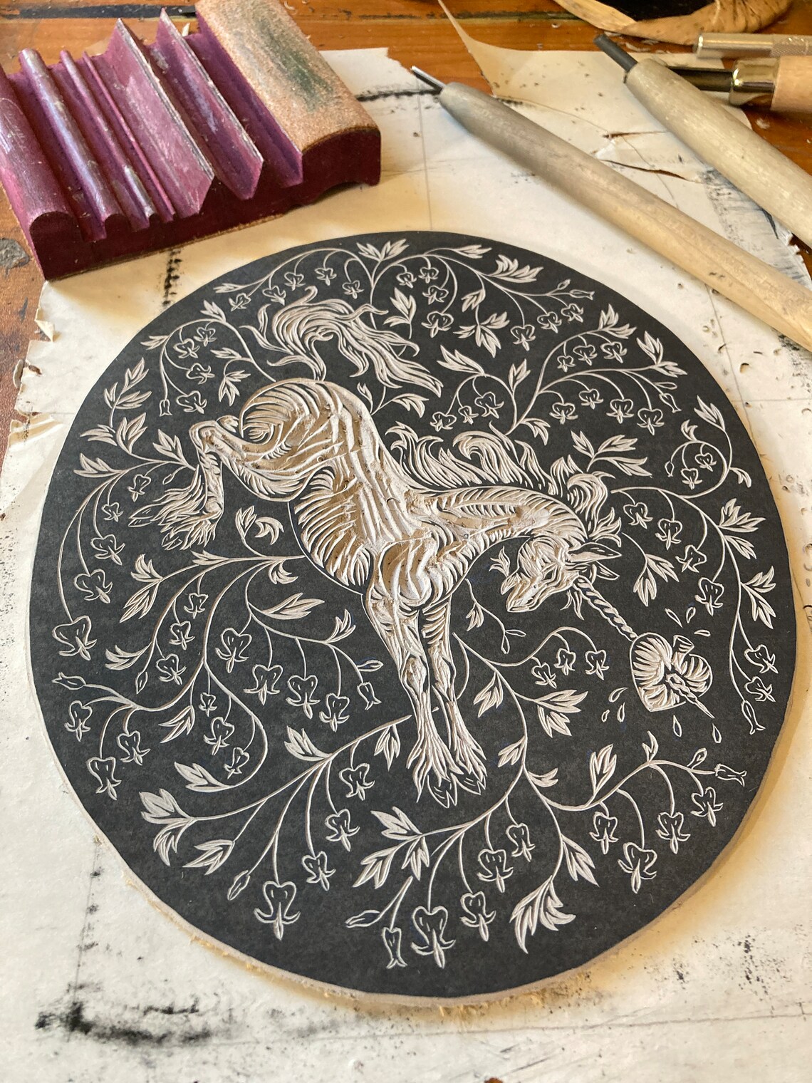 Bleeding Hearts - Handmade Linocut Print - Medieval Unicorn Original ...