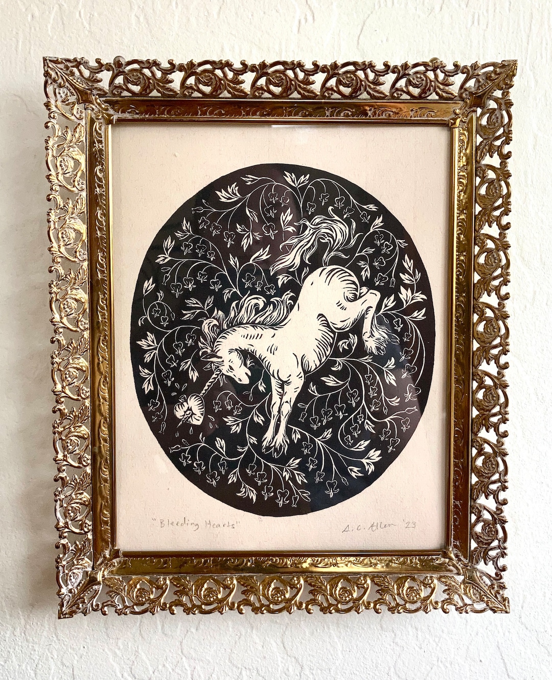 Bleeding Hearts - Handmade Linocut Print - Medieval Unicorn Original ...