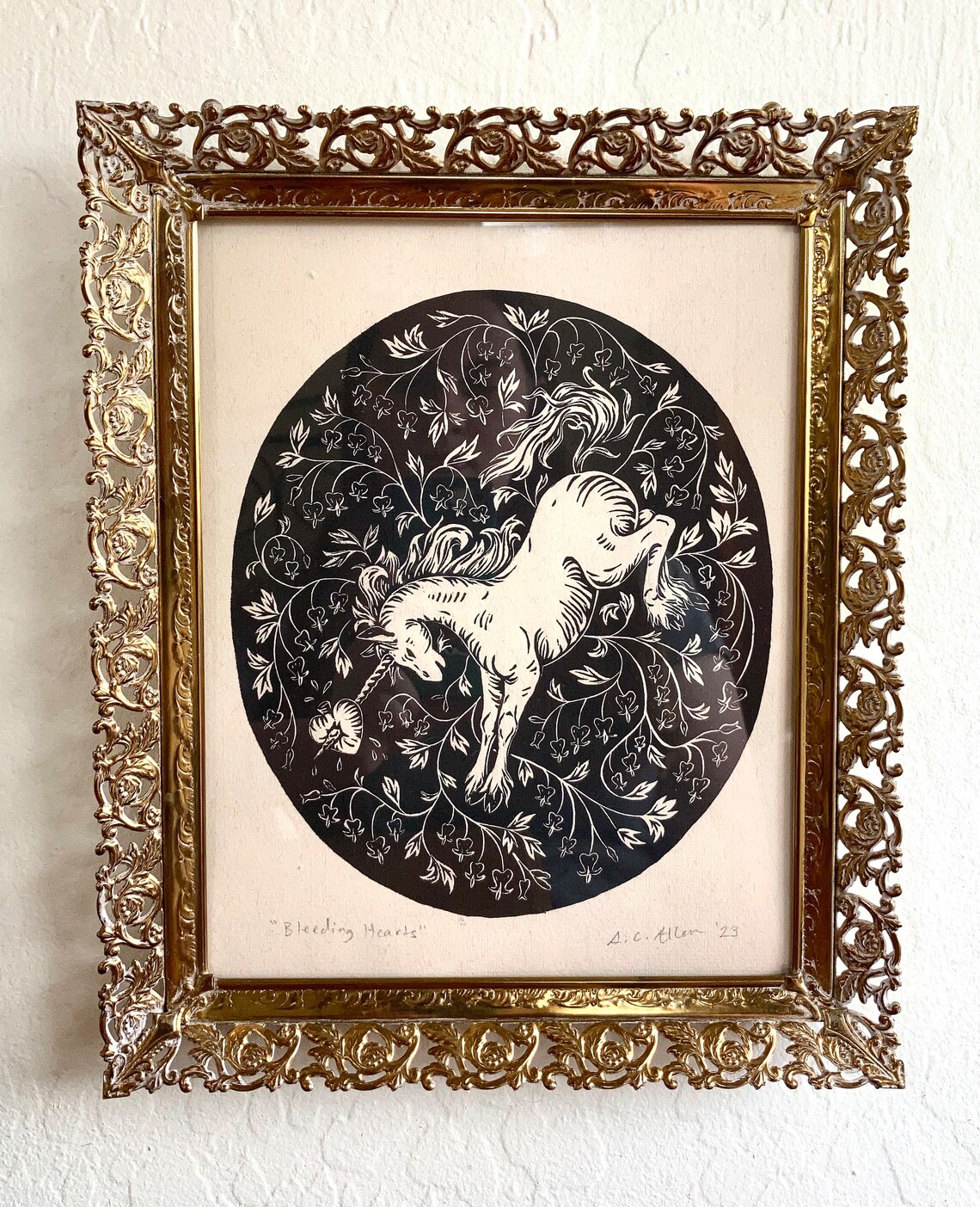 Bleeding Hearts - Handmade Linocut Print - Medieval Unicorn Original ...