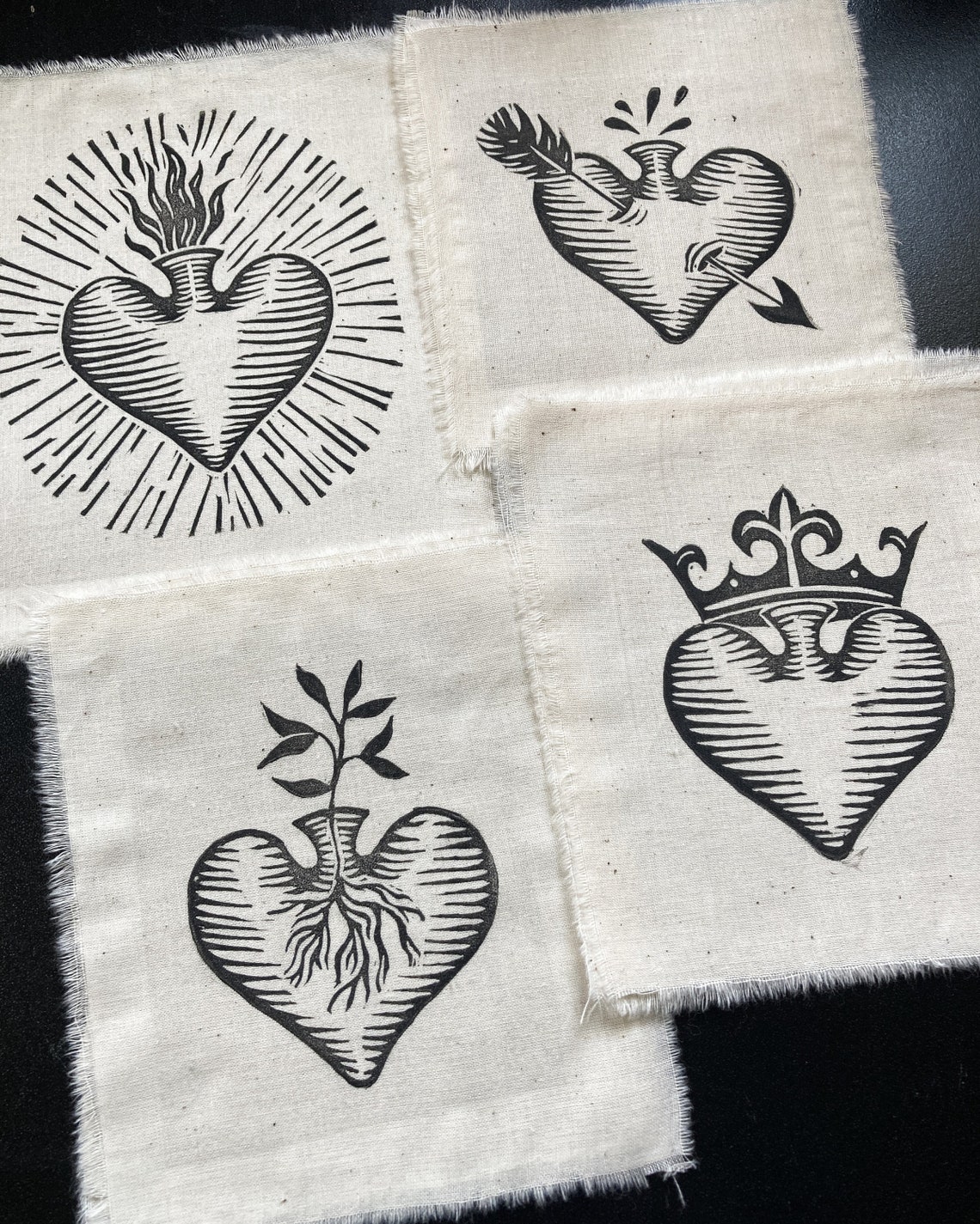 Heart Collection Sew on Linocut Patches Sacred Heart, Arrow Heart ...