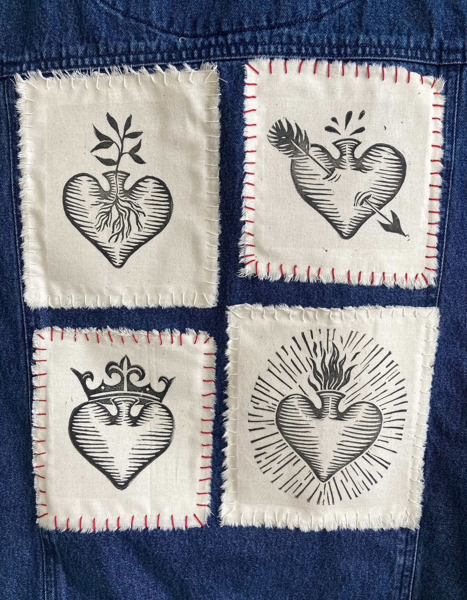 Heart Collection Sew on Linocut Patches Sacred Heart, Arrow Heart ...