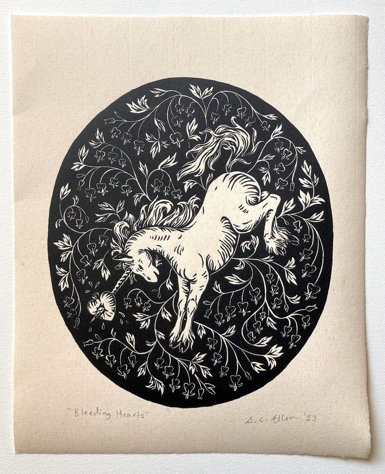 Bleeding Hearts - Handmade Linocut Print - Medieval Unicorn Original ...