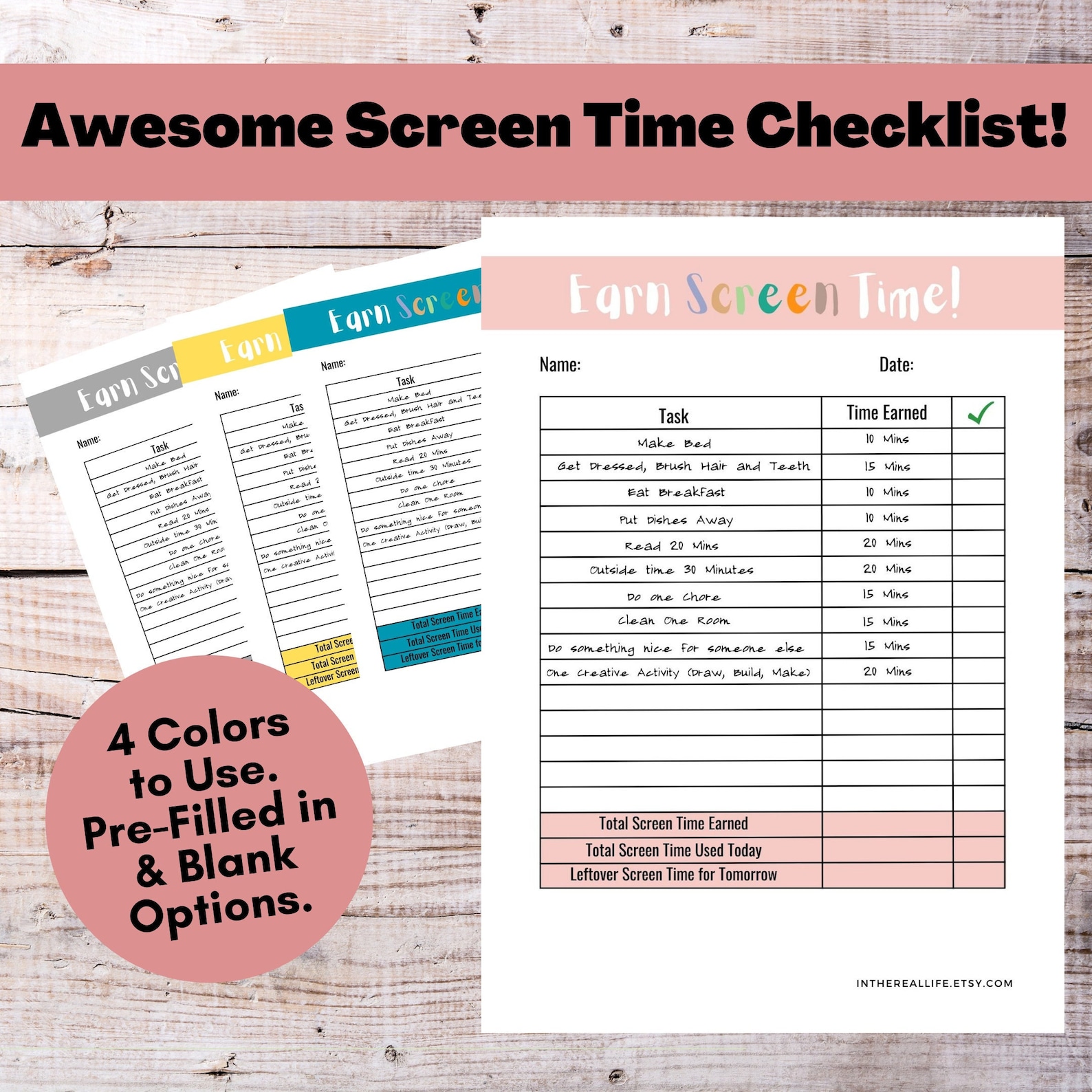 Chore Chart for Kids Earn Screen Time Daily Chore Chart - Etsy