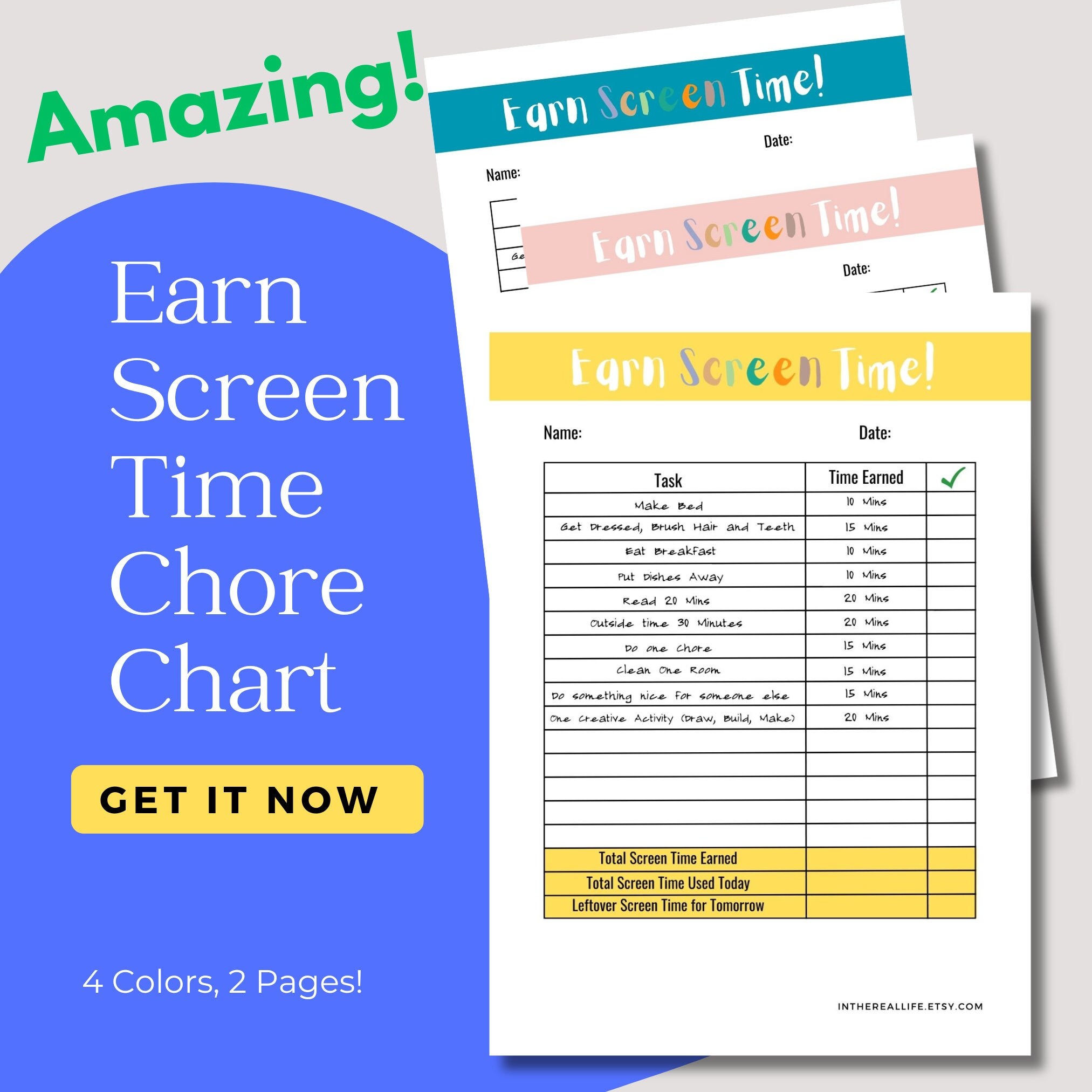 Chore Chart for Kids Earn Screen Time Daily Chore Chart Cleaning ...