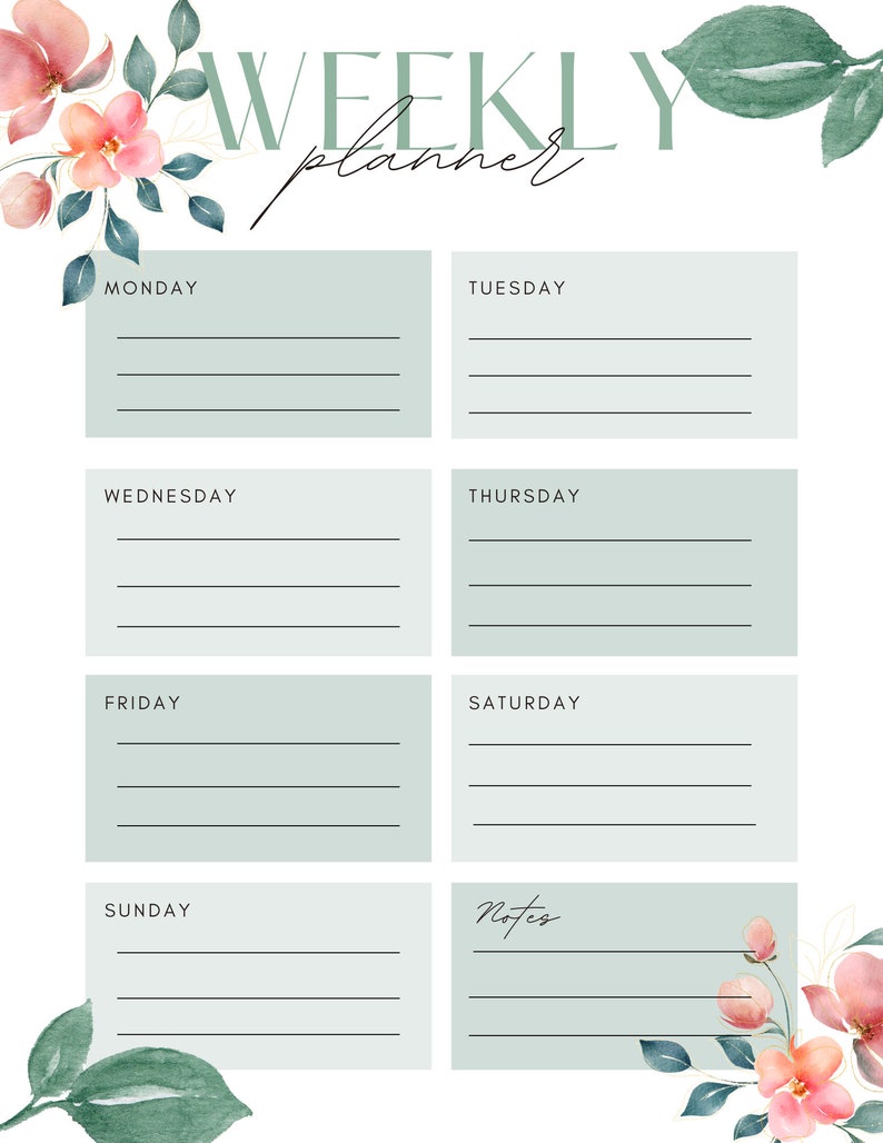 Weekly Planner Printable, Floral Green Pastels, PDF Instant Download - Etsy