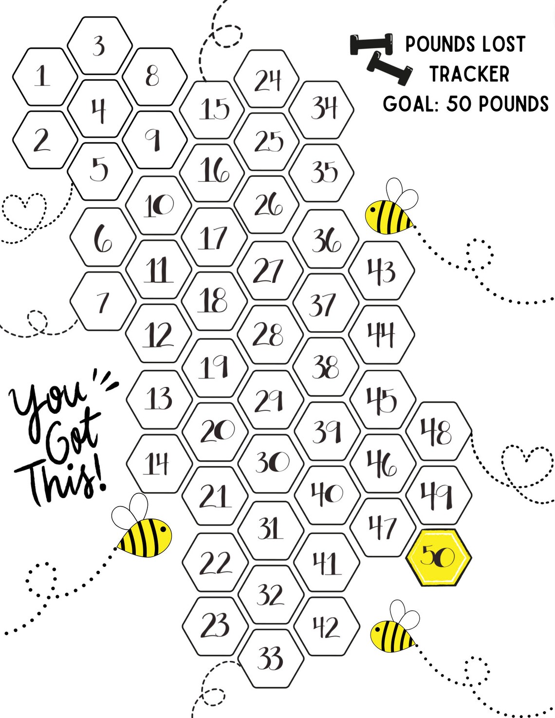 Weight Loss Tracker, 50 Pound Goal, Motivational Tracker, Honey Bees ...