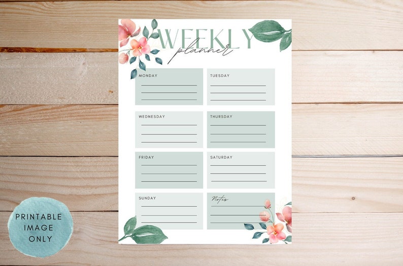 Weekly Planner Printable, Floral Green Pastels, PDF Instant Download - Etsy