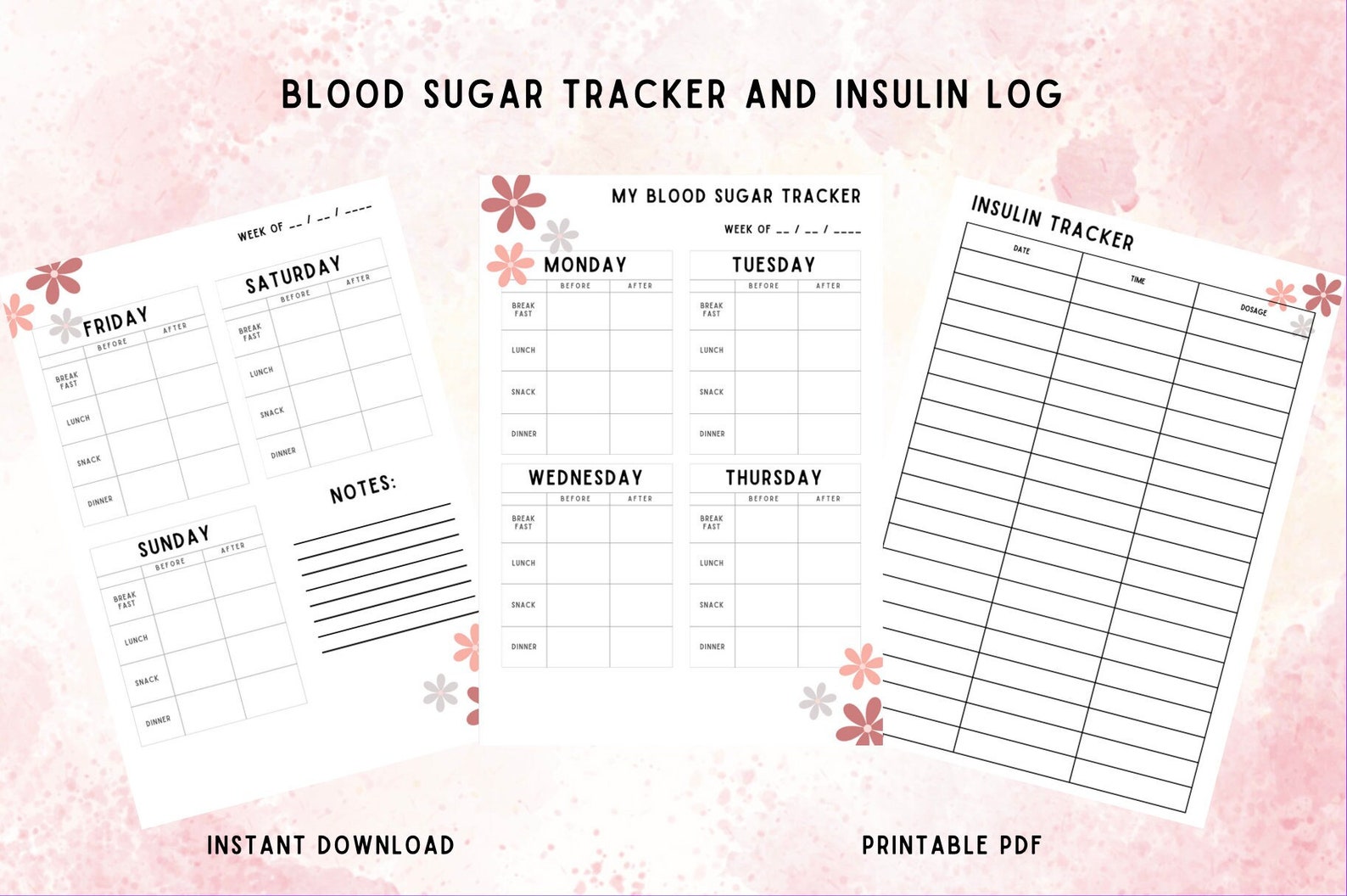 Blood Sugar Tracker for Diabetes, Insulin Tracker, Weekly Tracker ...